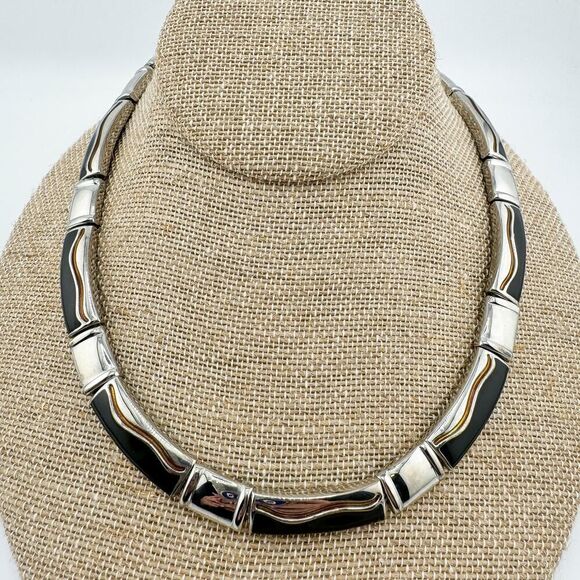 Jewelry | Vintage Avant Garde Wavy Black Gold Silver Tone Collar ...